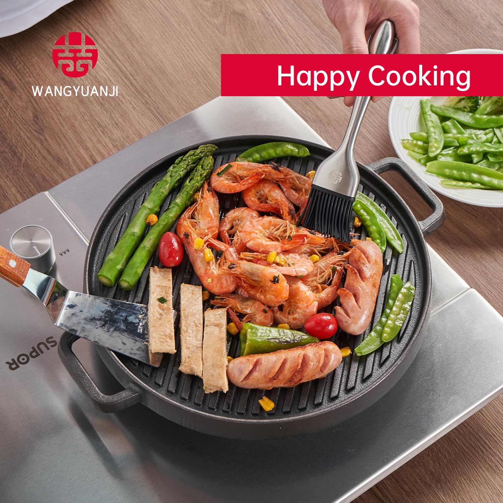 WANGYUANJI Cast Iron Grill Pan,11.8inch Round Cast Iron Skillets with Dual Handles for Barbecue,Suitable for All Stoves with Spatula and Brush