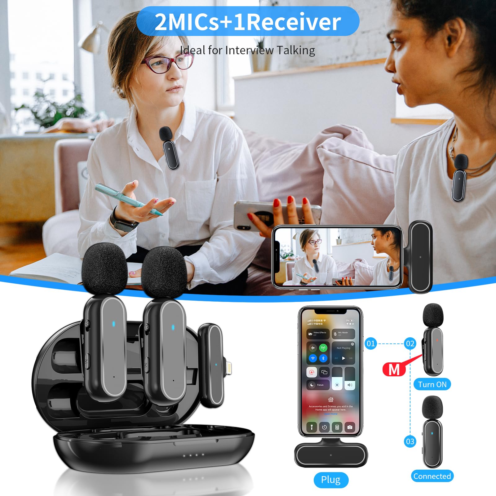 TYUOBOX Mic (2 TX + 1 RX + Charging Case), Wireless Lavalier Microphone, Noise Cancellation, Wireless Microphone for iPhone, ipad, Record Interview, Vlogs-70 ft Transmission,12H Battery Life
