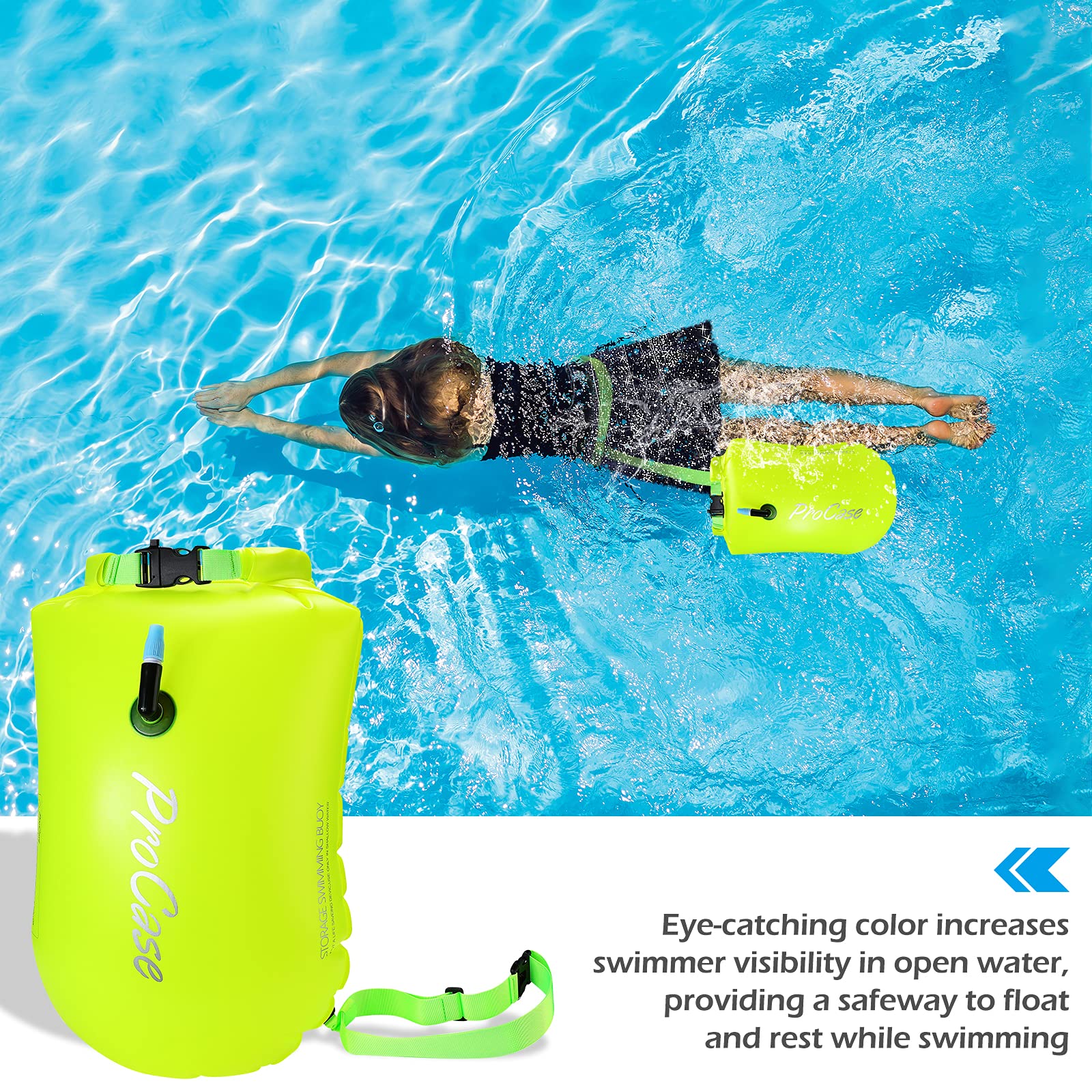 ProCase Swim Buoy Float Dry Bag, Highly Visible Signal Swimming Bubble with Adjustable Waist Belt for Open Water Swimming, Safe Swim Training, Triathletes, Kayaking, Snorkeling -Neonyellow