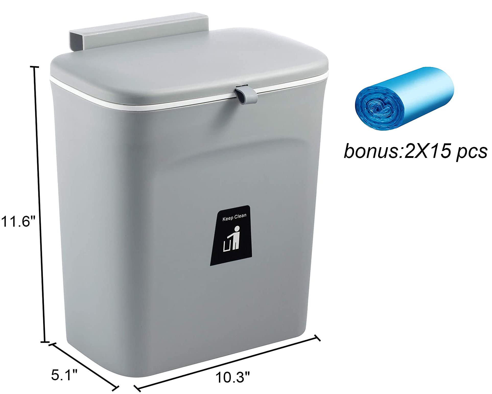 Lunies 2.4 Gal Compost Bin/Hanging Small Trash Can with Lid for Kitchen Cabinet Door/Counter Top/Under Sink/Bedroom/Bathroom/Cupboard Grey