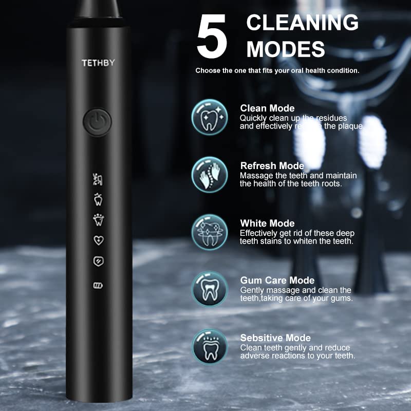 TETHBY Electric Toothbrush with 4 Toothbrush Heads,Sonic Rechargeable Toothbrushes 5 Optional Modes,IPX7 Whitening Electric Tooth Brushes 4 Hours Charge for 30 Days,Tooth Brushes 2-Minute Timer, Black