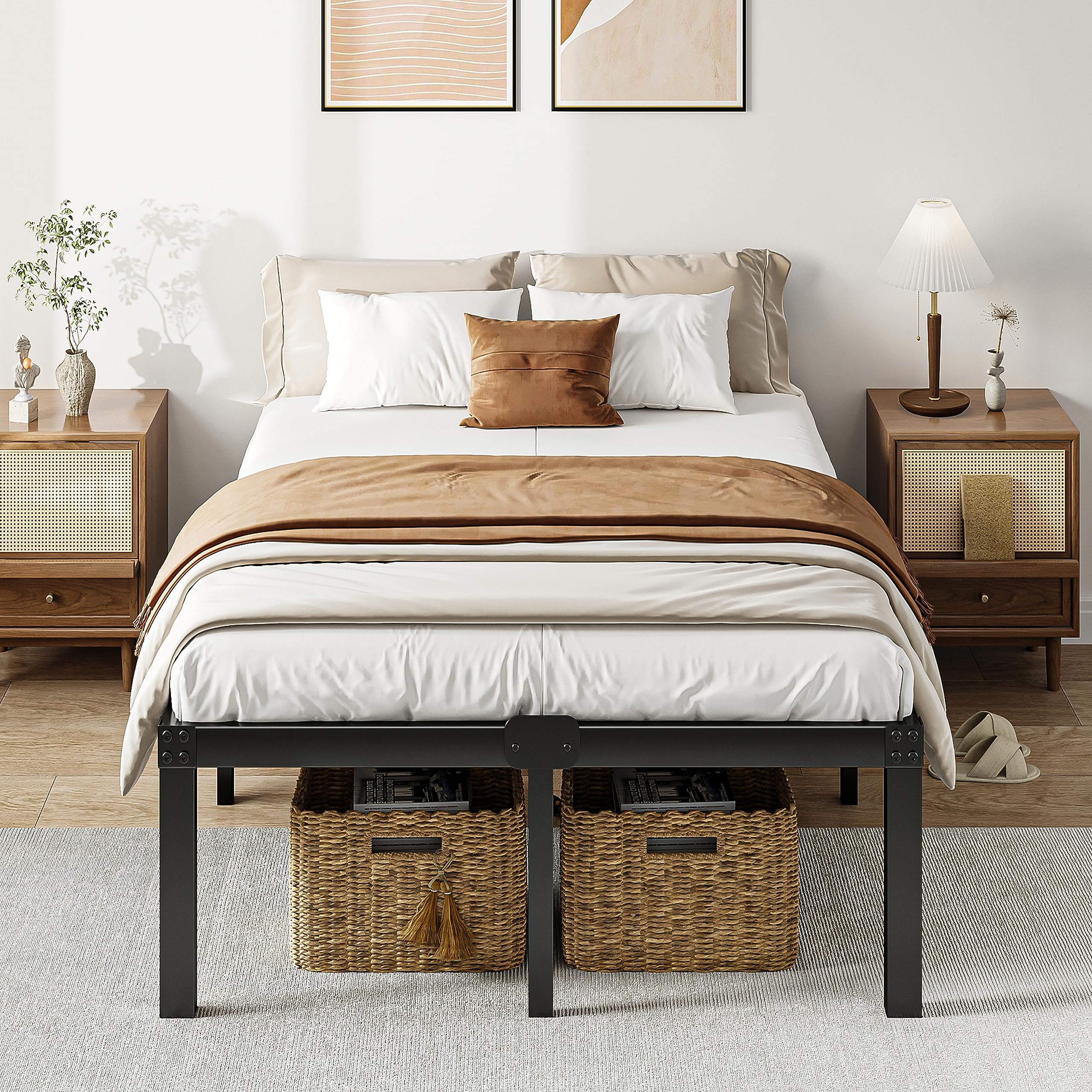 LIJQCI 16 inch Queen Bed Frame Platform Heavy Duty Metal with Storage No Box Spring Needed Noise Free Tall Sturdy Steel Slats Support
