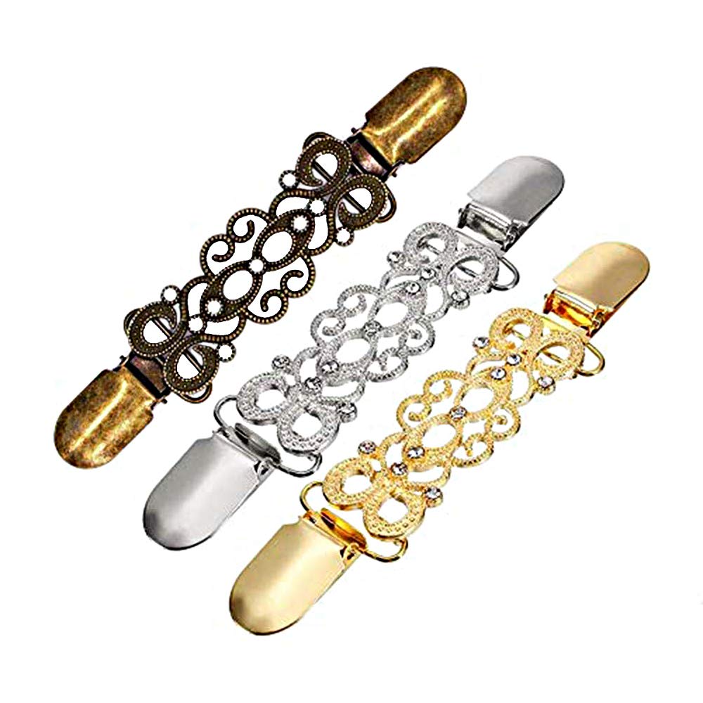 MJartoria 3PCS Tie Up Sweater Clip and Scarf Clip Set, Vintage Dress Clips Back Cinch Clip for Clothing, Shawl Clasps, Ladies Dress Chain Cardigan for Women (Gold+Silver+Bronze)