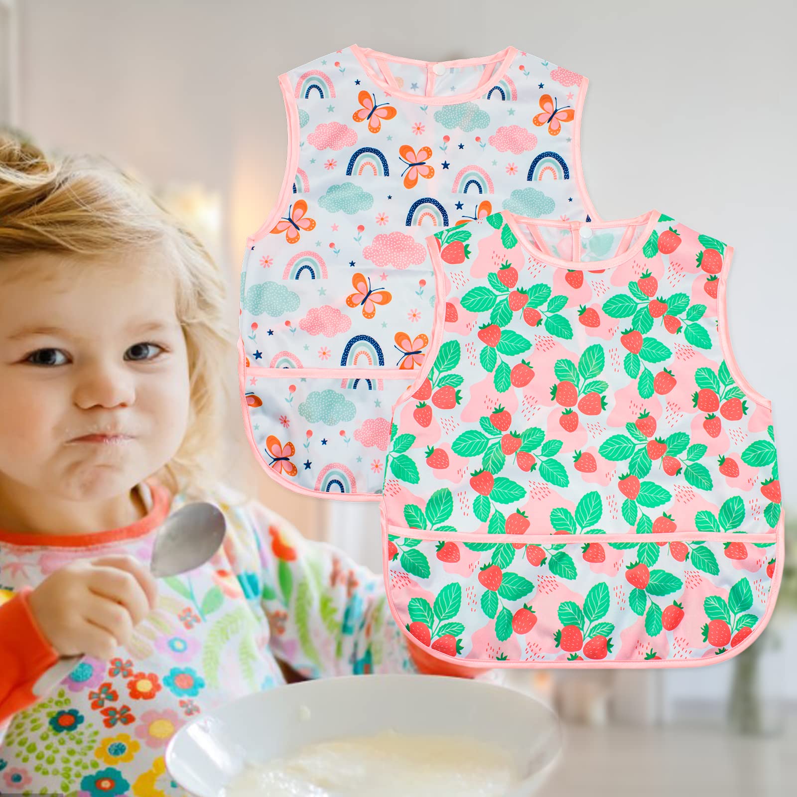 Mumsbest Waterproof Bibs for Baby Girl, 2 Pack Toddler Feeding Smock Bibs for Eating with Food Catcher & 1 Wet Bag (L:2-4Years, Pink)