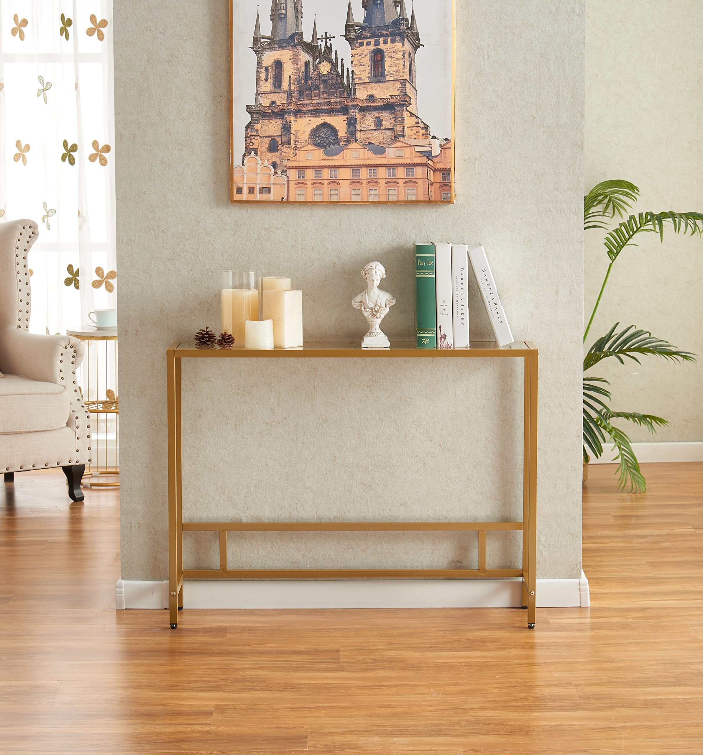 MAJARO Small Modern Console Table for Entryway, Tempered Glass with Golden Metal Frame Sofa Table for Living Room, Hallway, Office