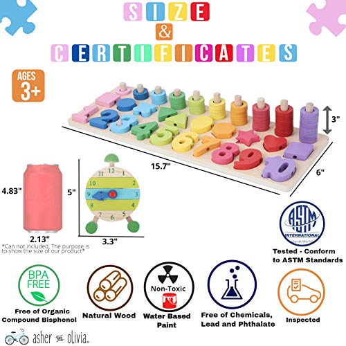 Montessori Fine Motor Skill Toys - Math Wooden Number Shape Set with Learning Clock and Lacing Beads Montessori Toy for Toddlers 3 4 5 Year Old Preschool Learning Toys, Sorting Stacking Counting
