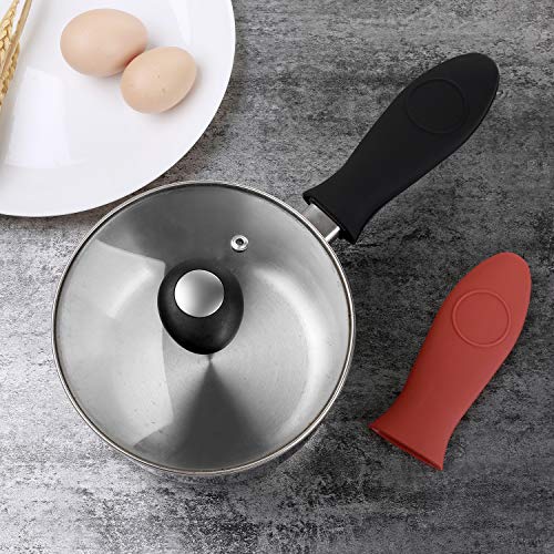 SKEMIX 4 Packs Silicone Hot Handle Holder Kitchen Heat Resistant Fry Pan Milk Pot Sleeve Grip Handle Cover Potholder for Cast Iron Skillets Griddles Metal & Aluminum Cookware β Black & Red