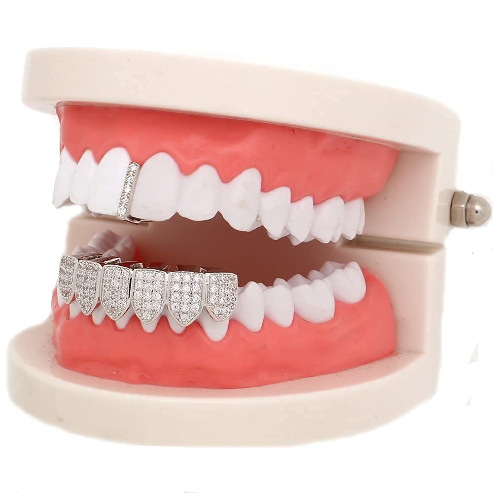 LuReen Silver Pave Full CZ Bar Grillz Teeth Top and 6 Bottom Set Grills + Extra Molding Bars for Halloween Costume Cosplay