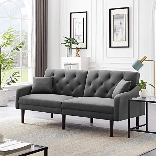 Olela Futon Sofa Bed Convertible Couch Bed with Armrests Modern Living Room Velvet Sofa Bed, Folding Recliner Futon Couch Sleeper Set with Wood Legs,Grey