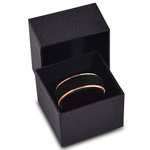 Midnight Rose Collection Tungsten Wedding Band Ring 8mm for Men Women 18k Rose Gold Plated Step Edge Black Brushed Polished Size 9