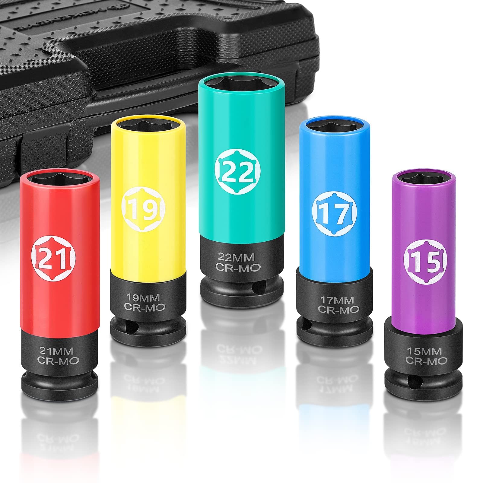 M MOKENEYE Robust 1/2" 5-Piece Impact Socket Set | Quick ID | Lug Nut Protector | CR-MO | 15-22mm Metric | Anti-Rust | Deep Features | For Impact Wrenches