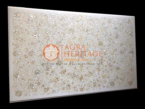 White Marble Dining Top Table Mother of Pearl Precious Inlay Stone Gemstone Decor | 30"x48" Inches