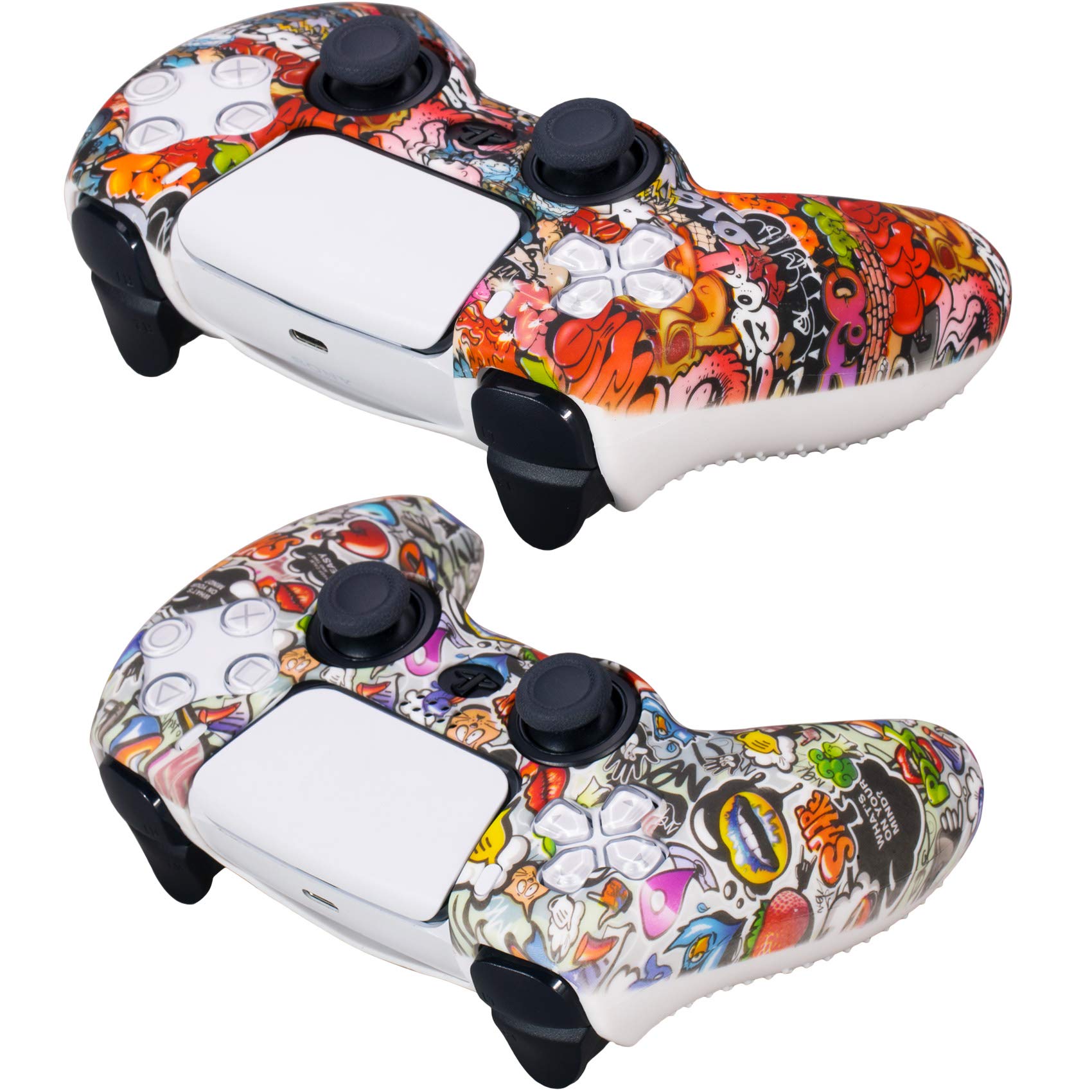 MXRC Silicone Rubber Cover Skin case Anti-Slip Transfer Printing Customize Camouflage for PS5 Dualsense Controller x 2(Street Art Pack) + FPS PRO Extra Height Thumb Grips x 8