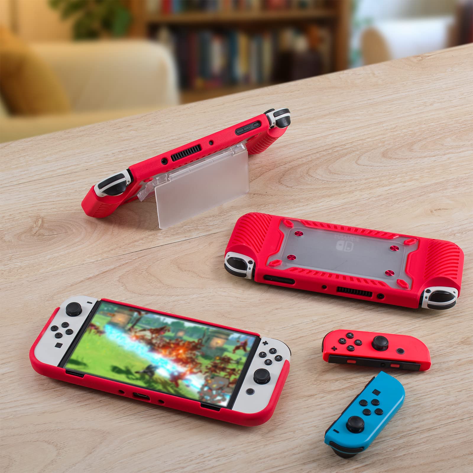 Teyomi TPU Protective Case for Nintendo Switch OLED Model, Ergonomic Grip Case with 5 Game Storage, Switch OLED Cover with Stand, Shockproof - Red