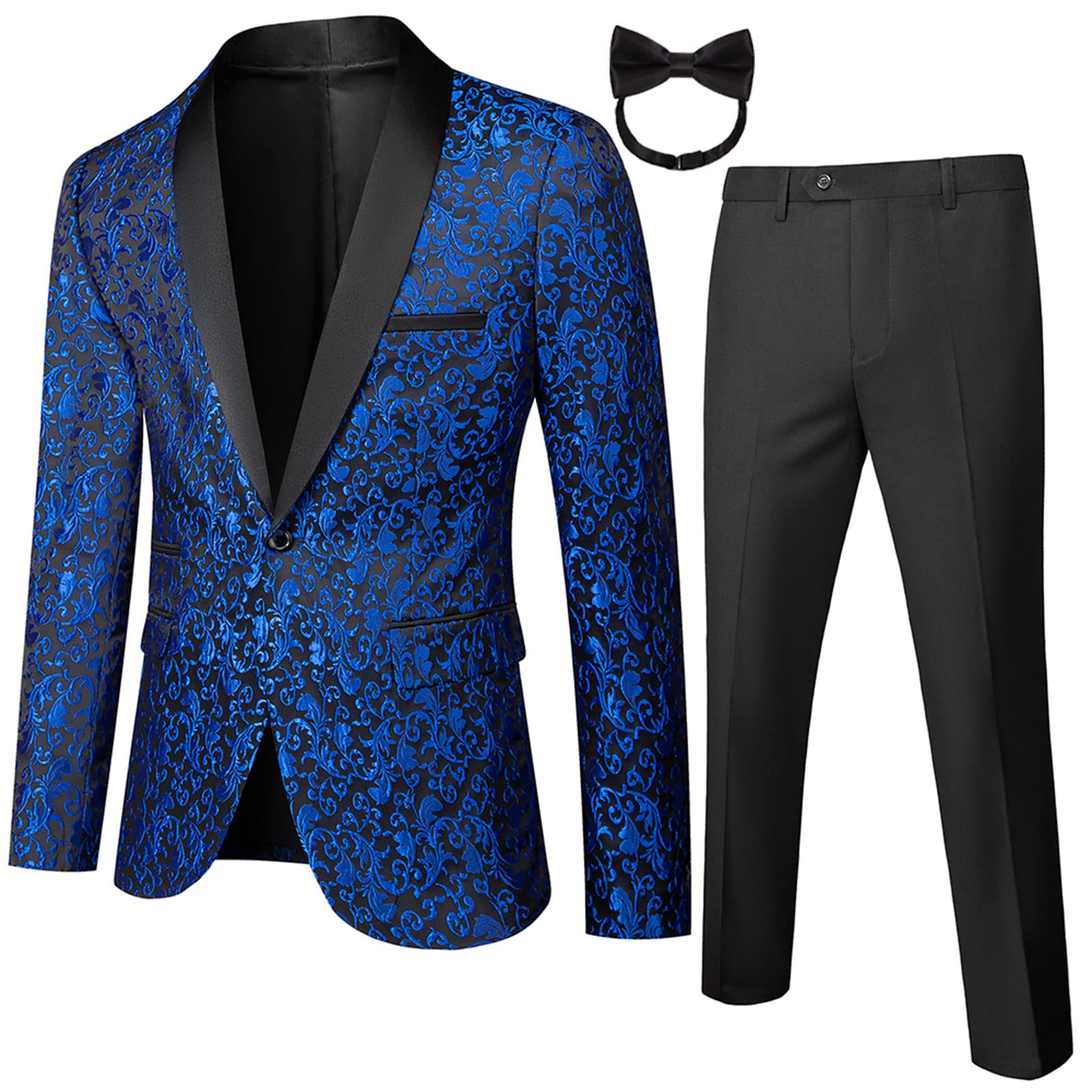 Mgnaie Mens Tux 2 Piece Floral Suit Paisley Shawl Lapel Slim Fit Single Breasted Groomsmen Suits for Wedding Prom Blue
