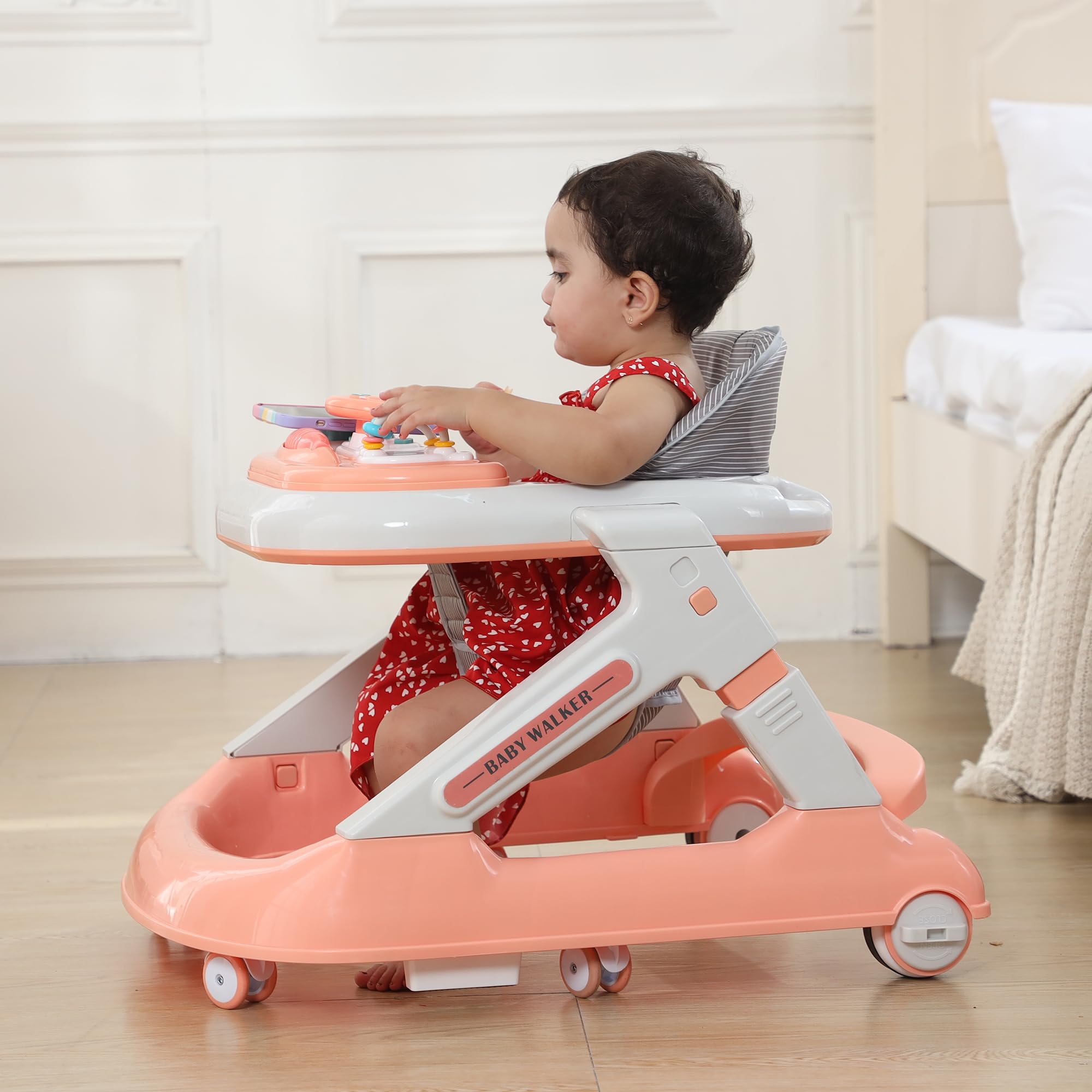 Marzviyia 5-in-1 Baby Walker with Wheels, Baby Push Walkers with Adjustable Height & Speed, Building Block Table, Pink
