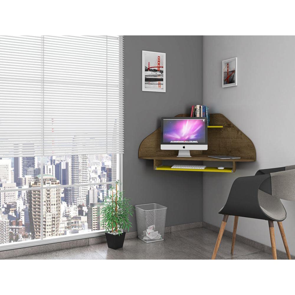 Manhattan Comfort Bradley Mid Century Modern Home Office Floating Corner Desk with Keyboard Shelf, 43.98", White
