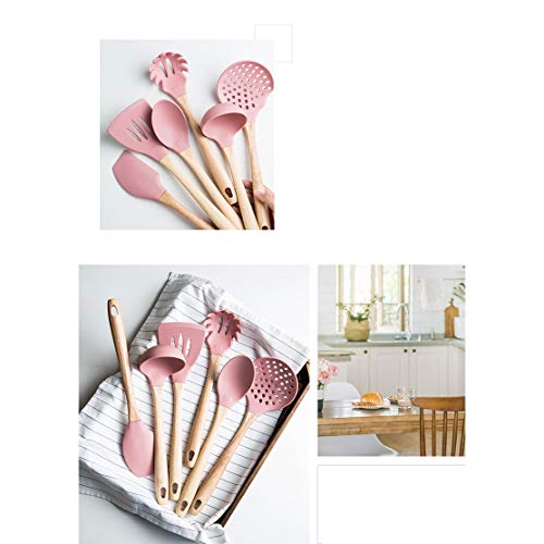 LMMDP Silicone Kitchen Set Cooking Tool Utensils Set Spatula Soup Spoon with Wooden Handle Special Heat-resistant Design