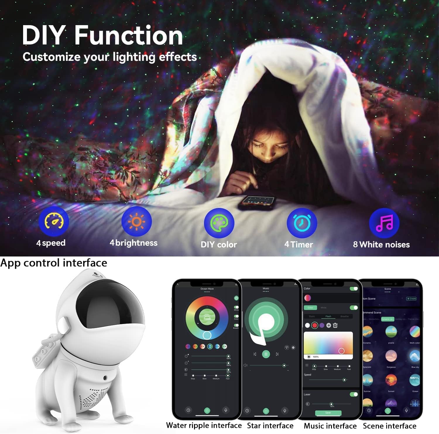 Luubeibei Space Dog Star Projector Galaxy Projection Light Night Built-in Bluetooth Speaker and Remote Starry Sky with Timer for Adults Decor for Bedroom Ceiling and Holiday Gift Lamp