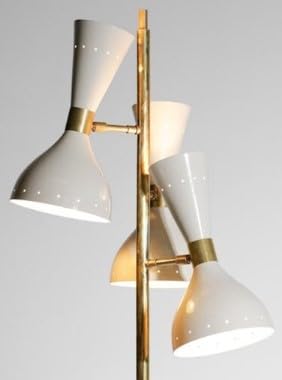 Modern & Stylish Italian Marble Base Modern Mid Century Brass Floor Lamp 3 White Diabolo Stilnovo Style with Intricate Detailing (E-12 USA)
