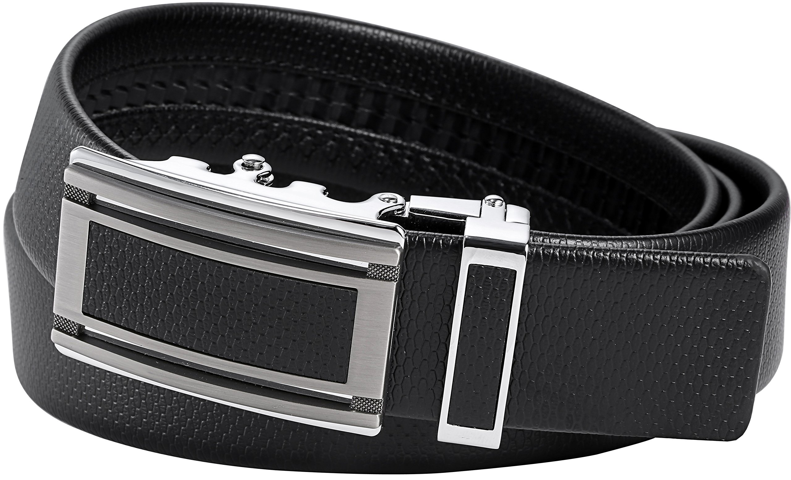 Mio Marino Classic Ratchet Belt - Premium Leather - 1.38 Wide - Adjustable Buckle - Matrix - Jet Black - Adjustable from 28" to 44" Waist