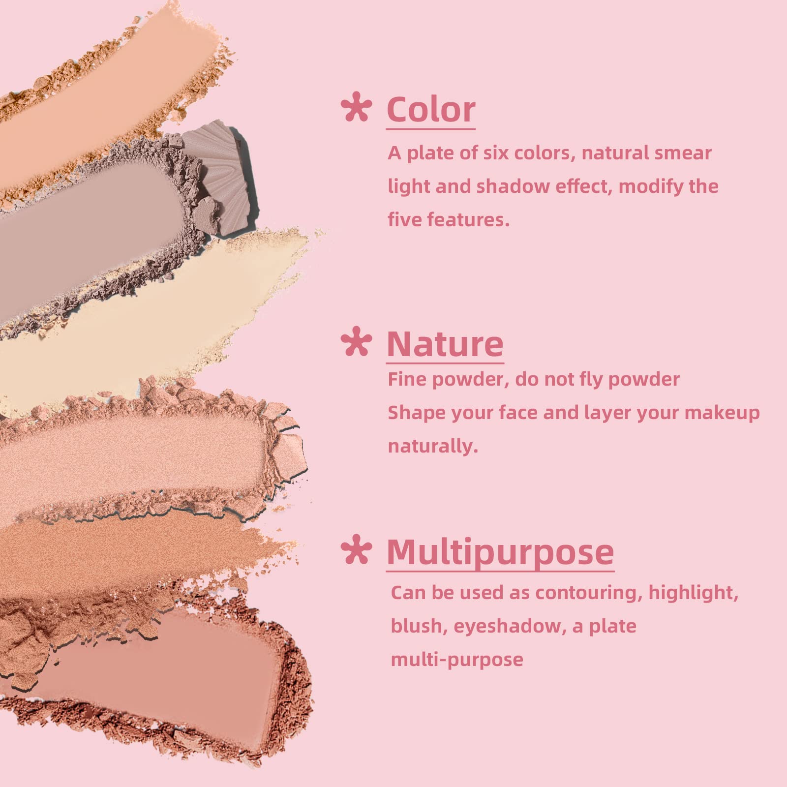 NewBang 6 Colors Blush Highlighter Makeup Palette,Bronzer Powder Matte Shimmer Metallic Finish,Face Blusher Contour Highlight Glitter Waterproof & Long Lasting Bling Natural Sparkle for Woman