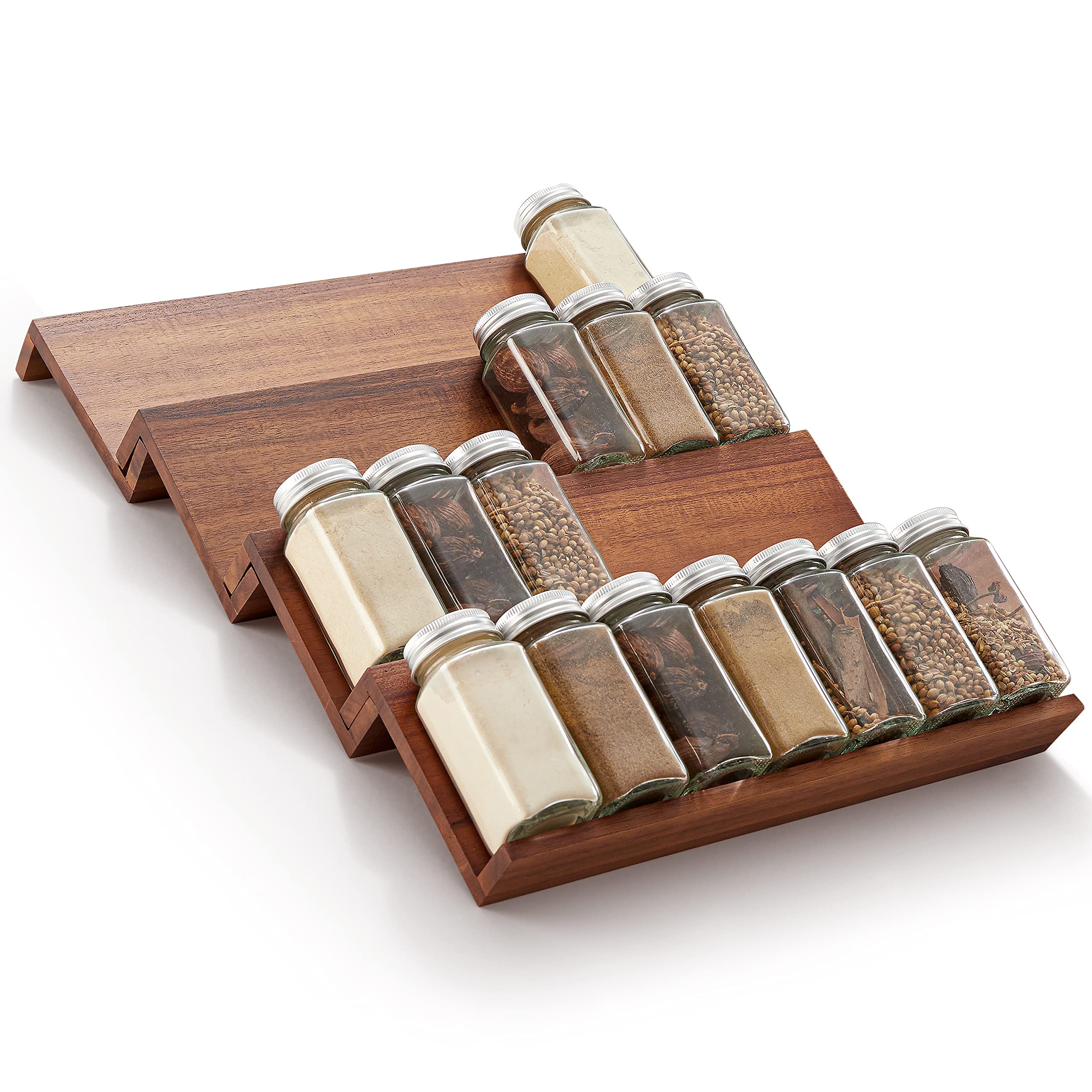 Tinamo Wood Spice Drawer Organizer - Acacia Wooden Tray Spice Racks Organizer for Cabinet Storage Shelf - 4 Tier Spice Rack Organizer for Drawer 32 Jars (Pack 4)