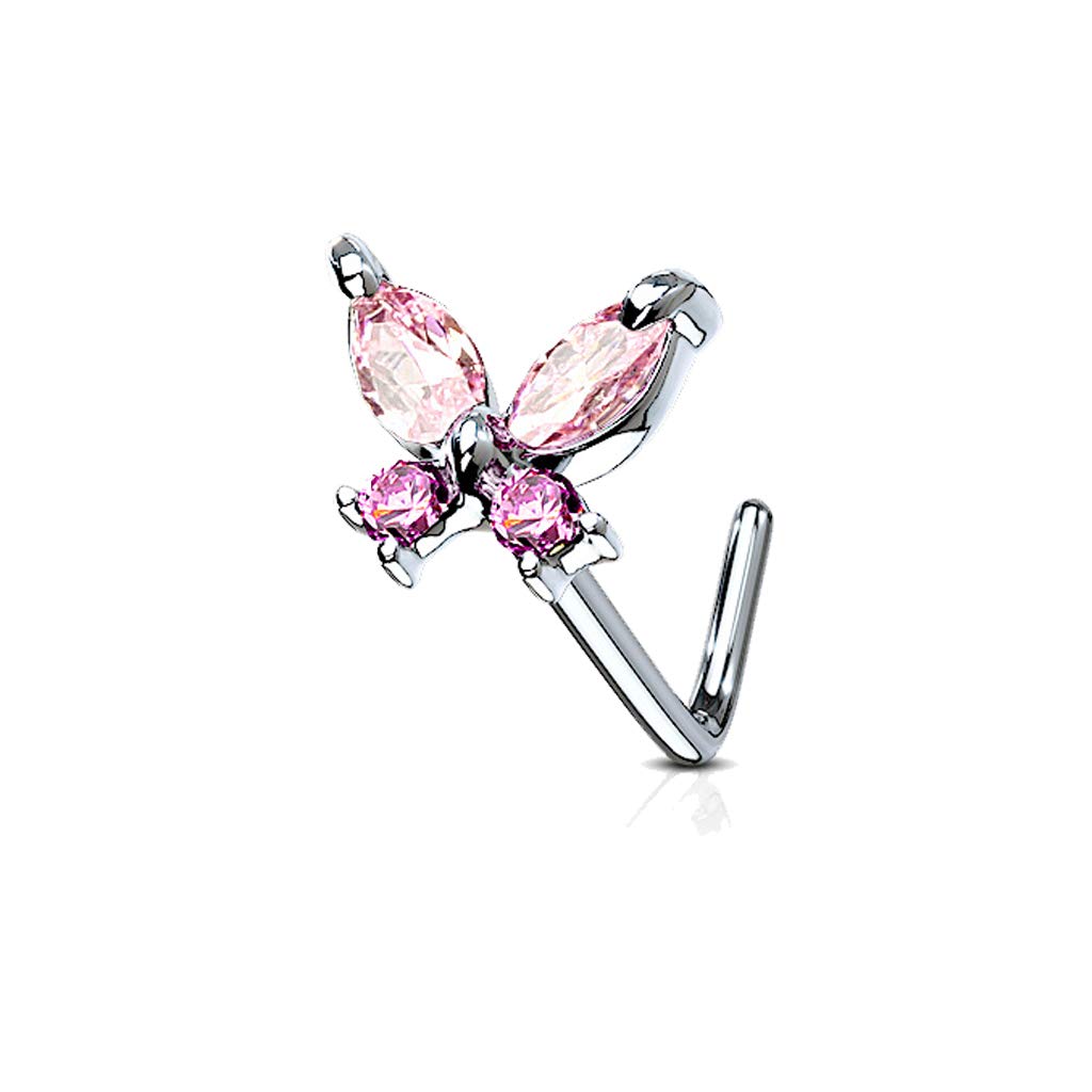 MoBody 20G Nose Ring Stud L-Shaped Cubic Zirconia Butterfly Surgical Steel Body Piercing Jewelry (Pink)