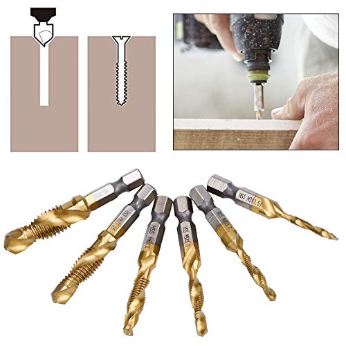 YDLQWCZ Combination Drill Tap Bit Set 6 Piece Hex Shank Quick Change HSS Titanium Coated Spiral Tap Drill Bit Include M3 M4 M5 M6 M8 M10 Spiral Screw Tap Set