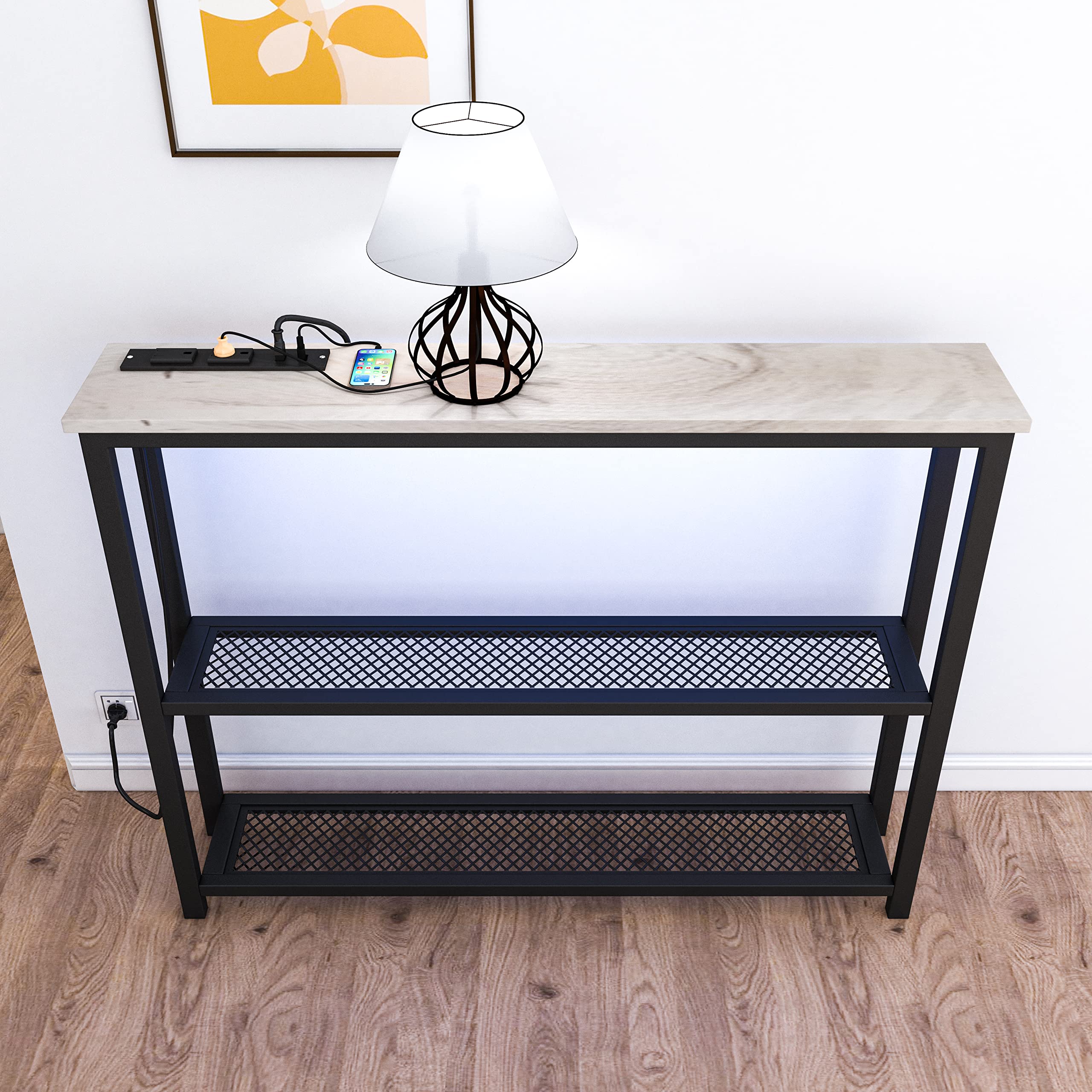 Lvrunben LED Console Table with 2 USB Ports, Multi-Coloured Lights Entryway Storage Shelf with 2 Power Outlets, Living Room Narrow Sofa Accent Table for Hallway, Farmhouse