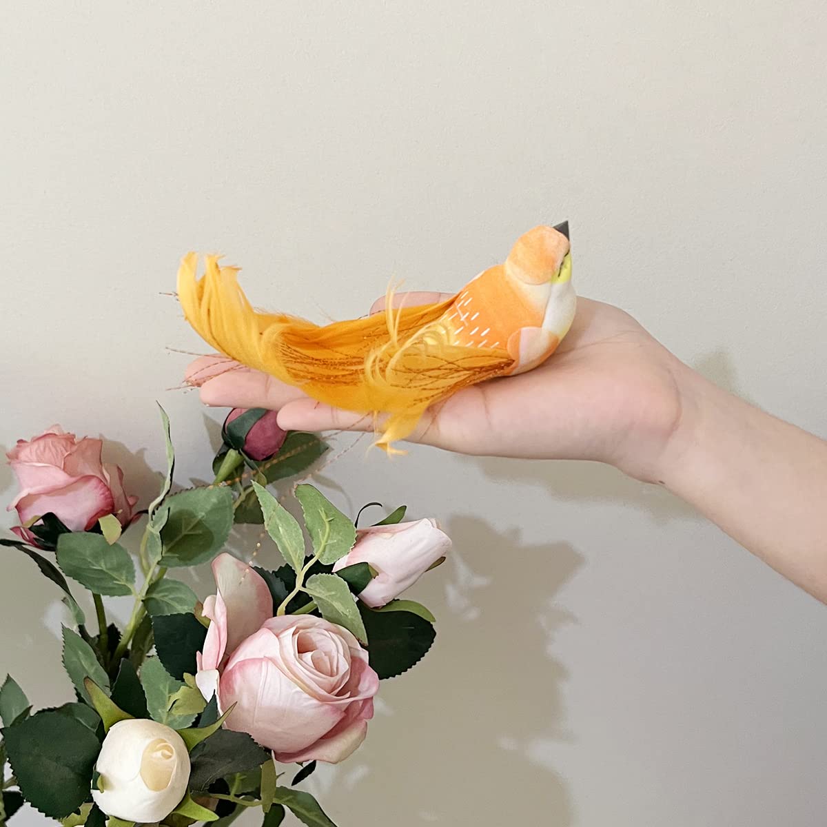 LWINGFLYER Artificial Simulation Foam Birds with Gold Wire Feather Tail Bird for Wedding Decoration Home Garden Ornaments Party Craft Accessories (5.1" BirdL008 w/Clip 6pcs)
