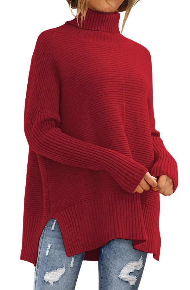LILLUSORY Women's Christmas Red Turtleneck Oversized Holiday Tunic Fall Winter Sweaters Dress 2024 Batwing Pullover Knit Tops