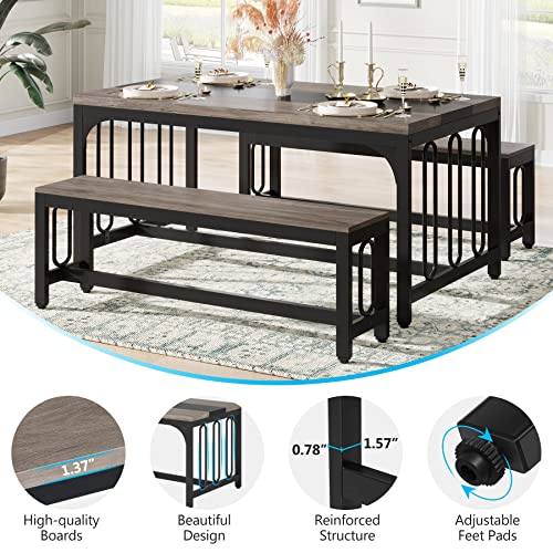 LITTLE TREE Dining Table Set, 3-Piece Kitchen Table with 2 Benches, Rustic Grey