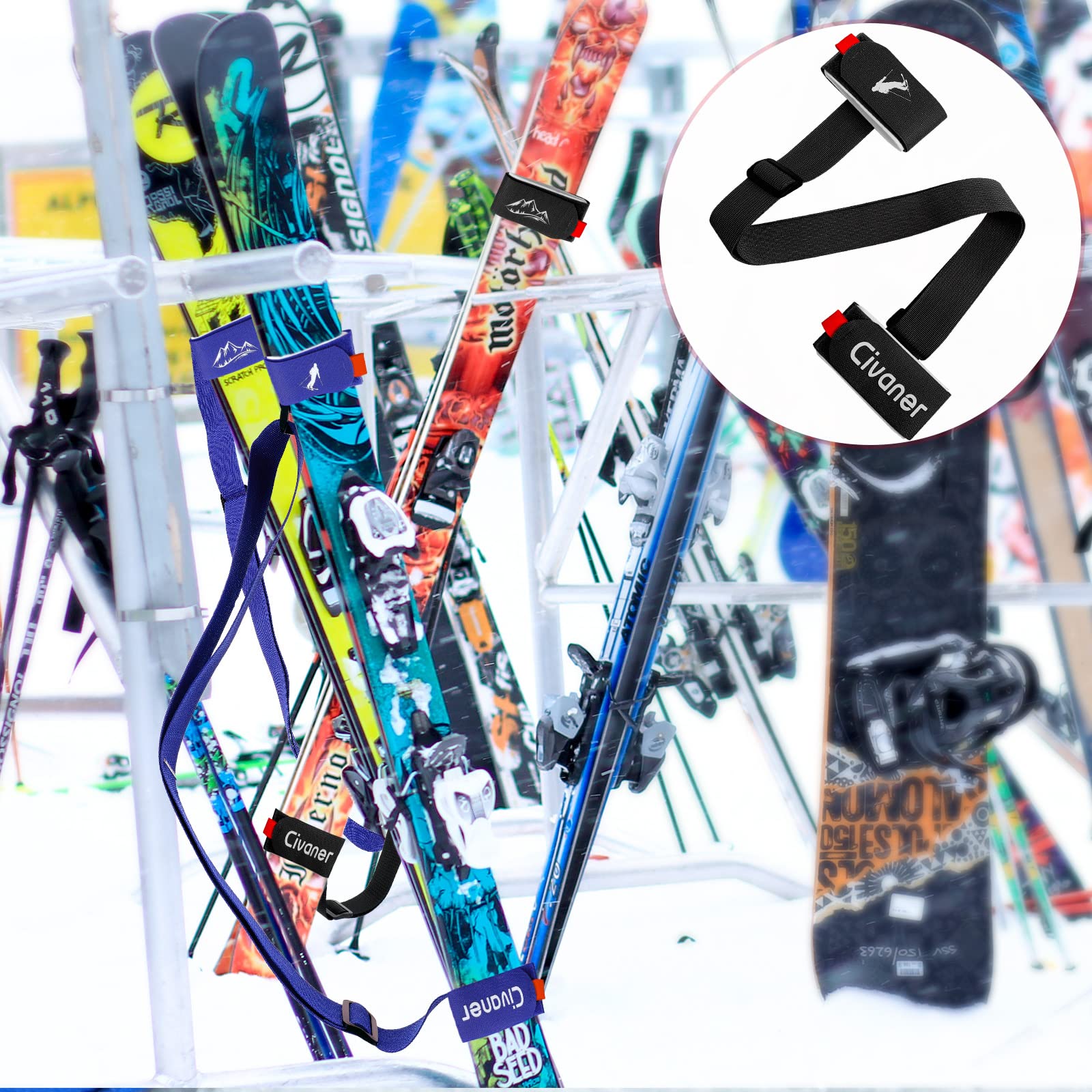 Ski Straps 4 Pieces Adjustable Ski Carrier Comfortable Ski Carry Strap Effortlessly Ski Pole Carrier Cushioned Skiing Accessories Gear for Men Women Kid