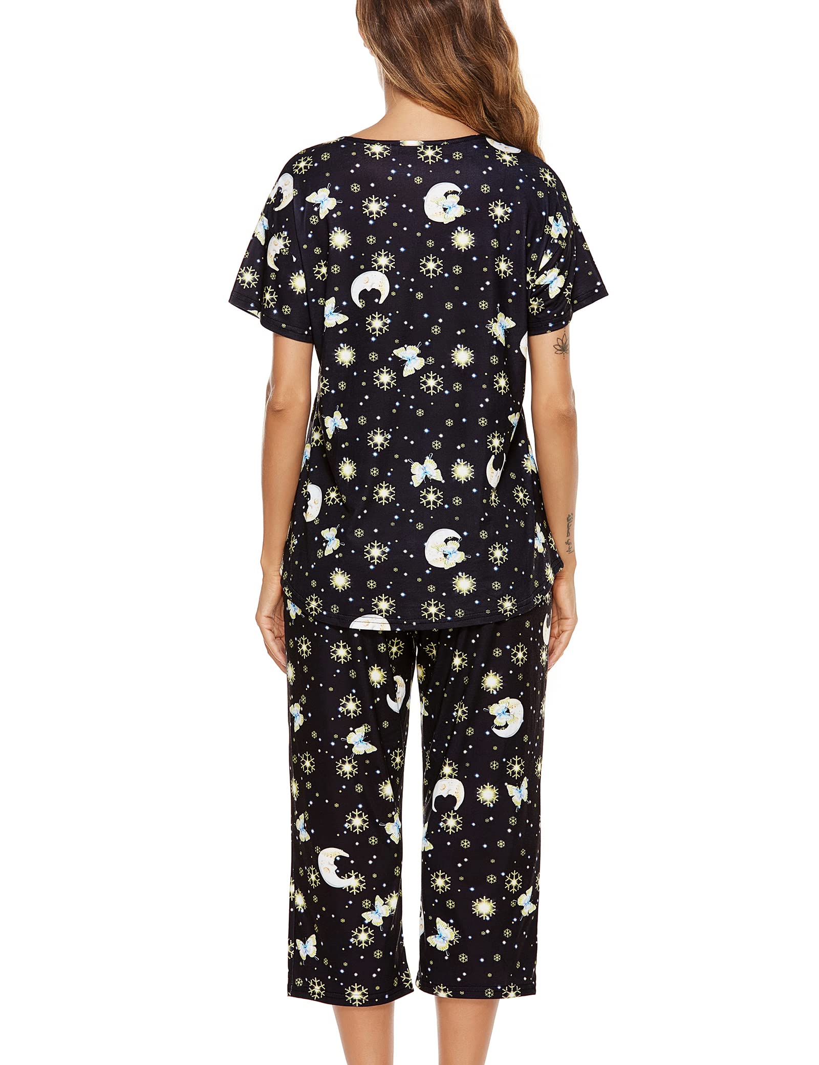 LOCUBE Women's Pajama Sets Lounge Wear Set Short Sleeve Tops and Cropped Pants Pj (Black, Large)