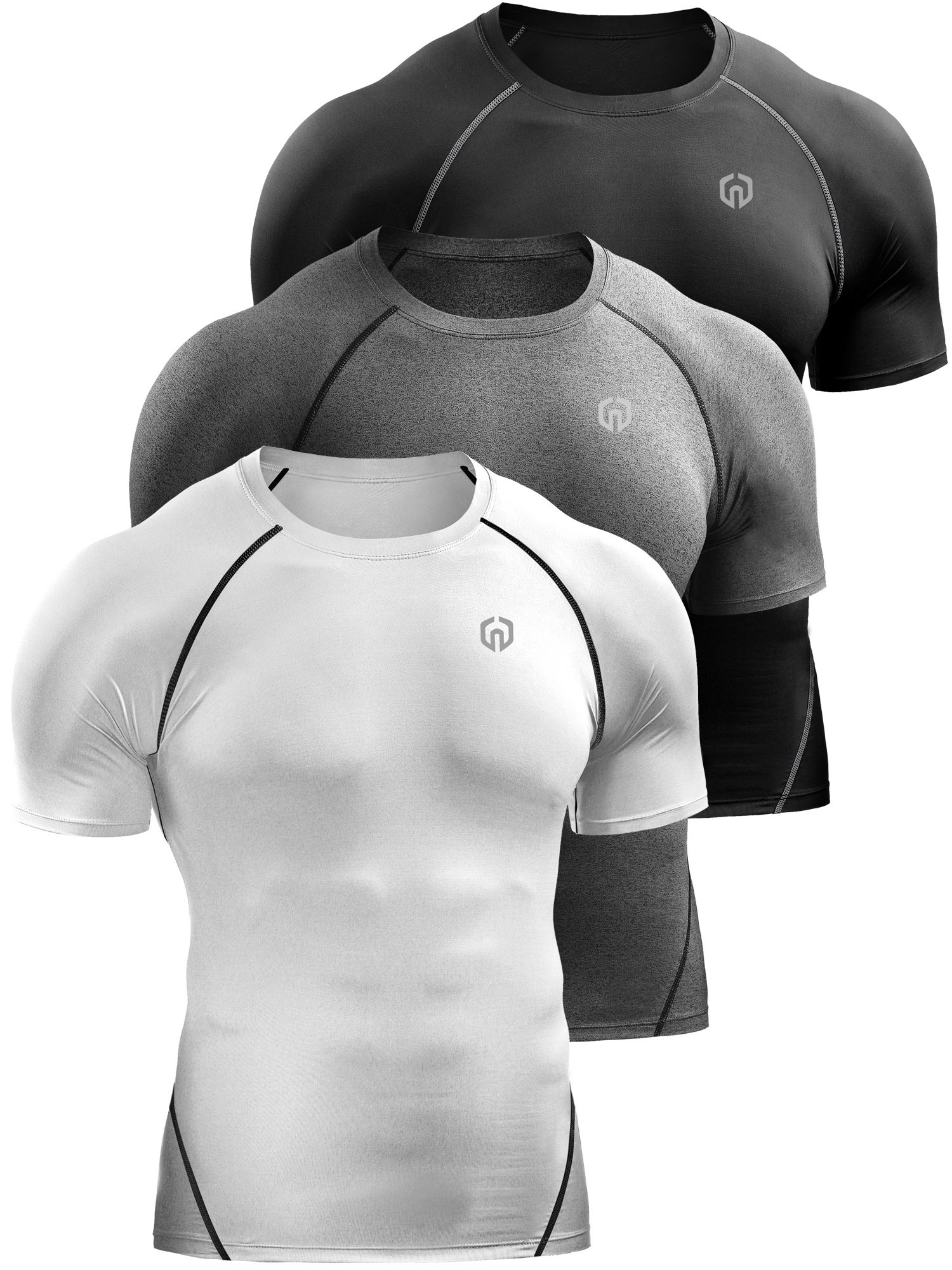NELEUS Men's 3 Pack Compression Baselayer Athletic Workout T Shirts,5022,Black,Grey,White,3XL
