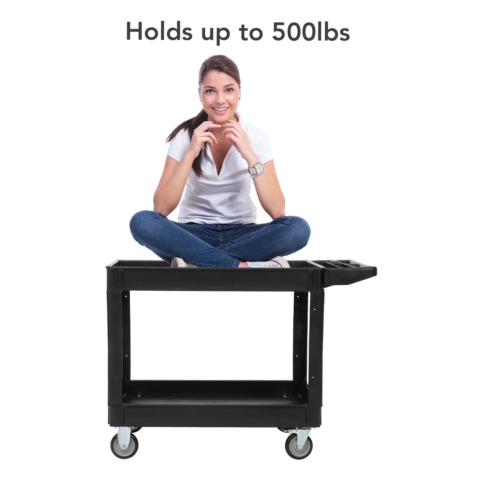 Service Cart 2-Shelf, Storage Handle, 500 lbs Capacity, for Warehouse/Garage/Cleaning/Manufacturing,45"X25" Gray