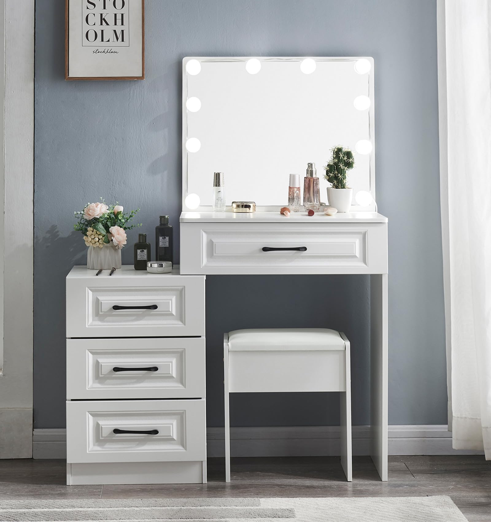 Makeup Vanity Dressing Table with Drawers and Lighted Mirror, White Vanity Set Dresser Desk and Cushioned Stool (US1949)