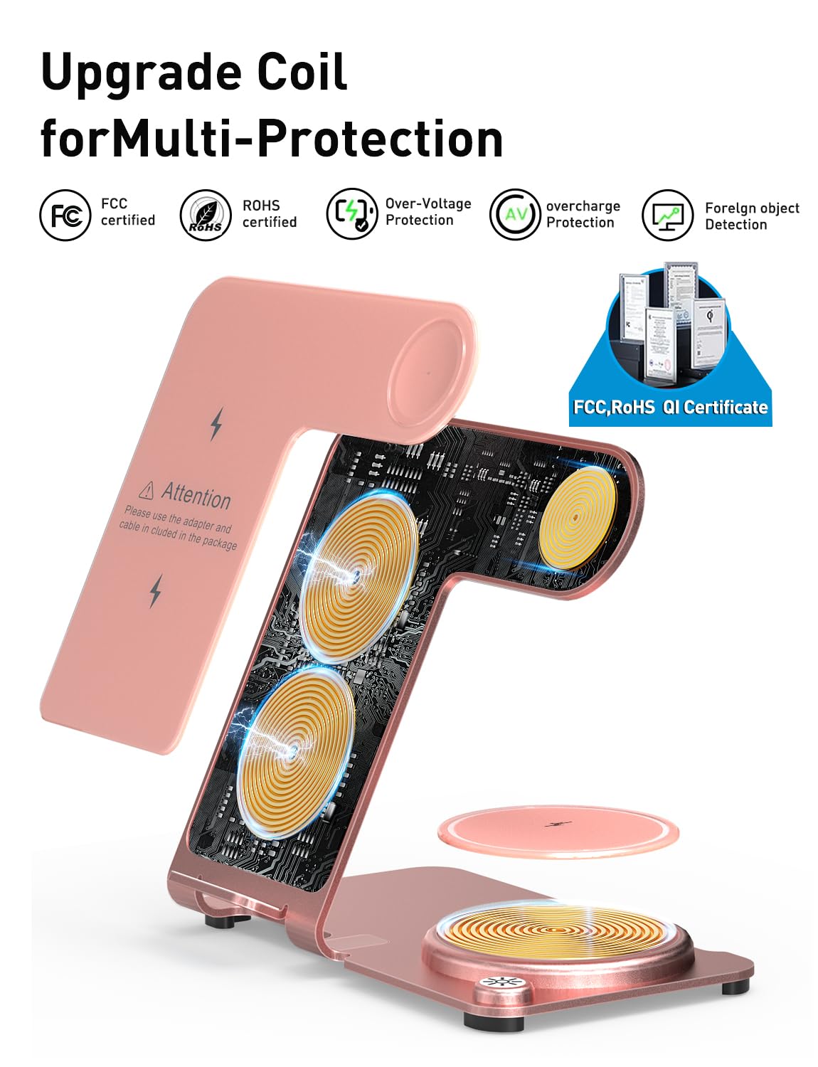 Malfsaier 3 in 1 Charging Station Pink,Aluminum Alloy Multiple Fast Wireless Charger Stand for iPhone 15/14/13/12/11/Pro/Max/XS/XR/X/8/Plus, for Apple Watch 7/6/5/4/3/2/SE, for AirPods 3/2/Pro