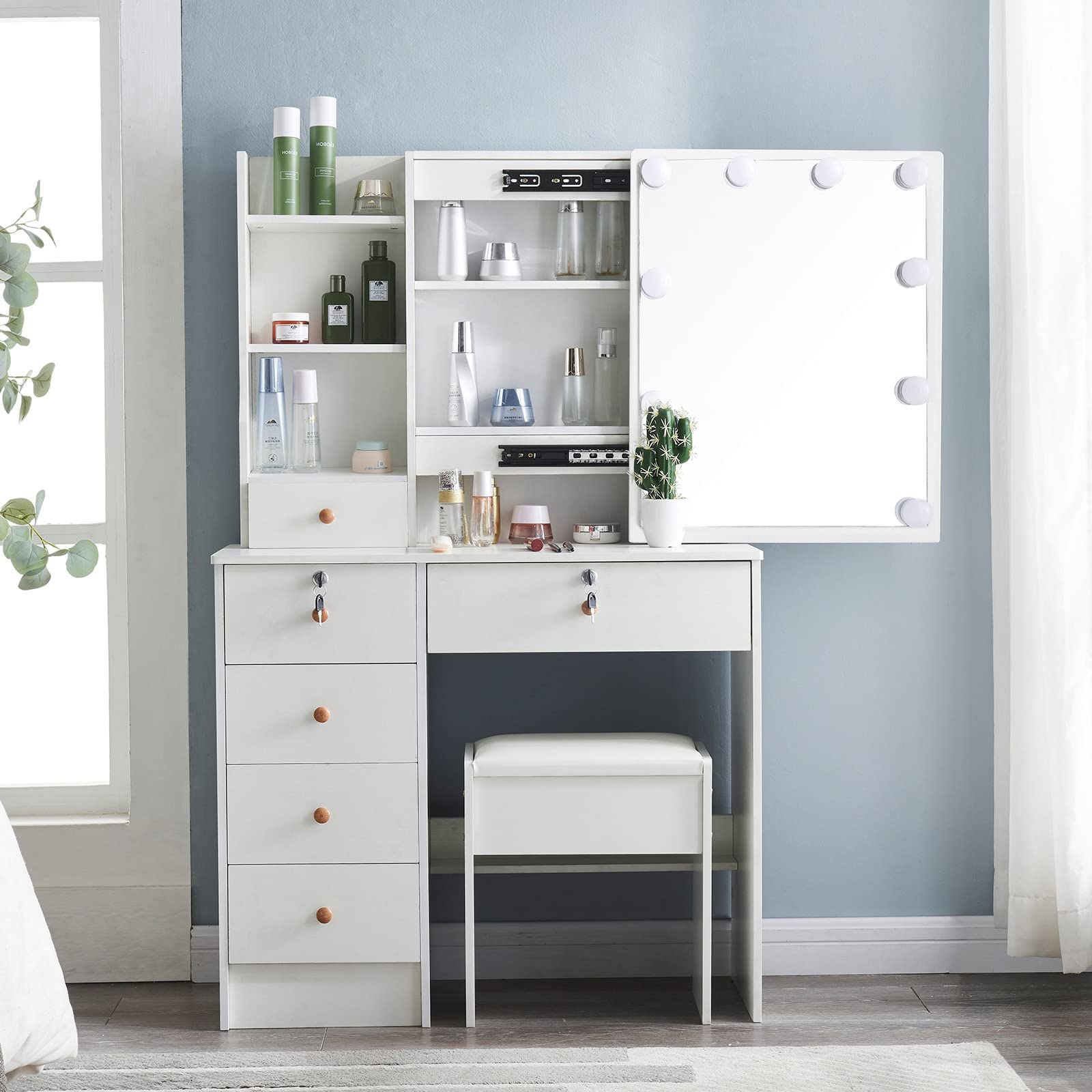 Makeup Vanity with Lights and Mirror, White Vanity Table with 5 Drawers and Chair, Makeup Vanity Set, Modern Dressing Table for Girls Bedroom
