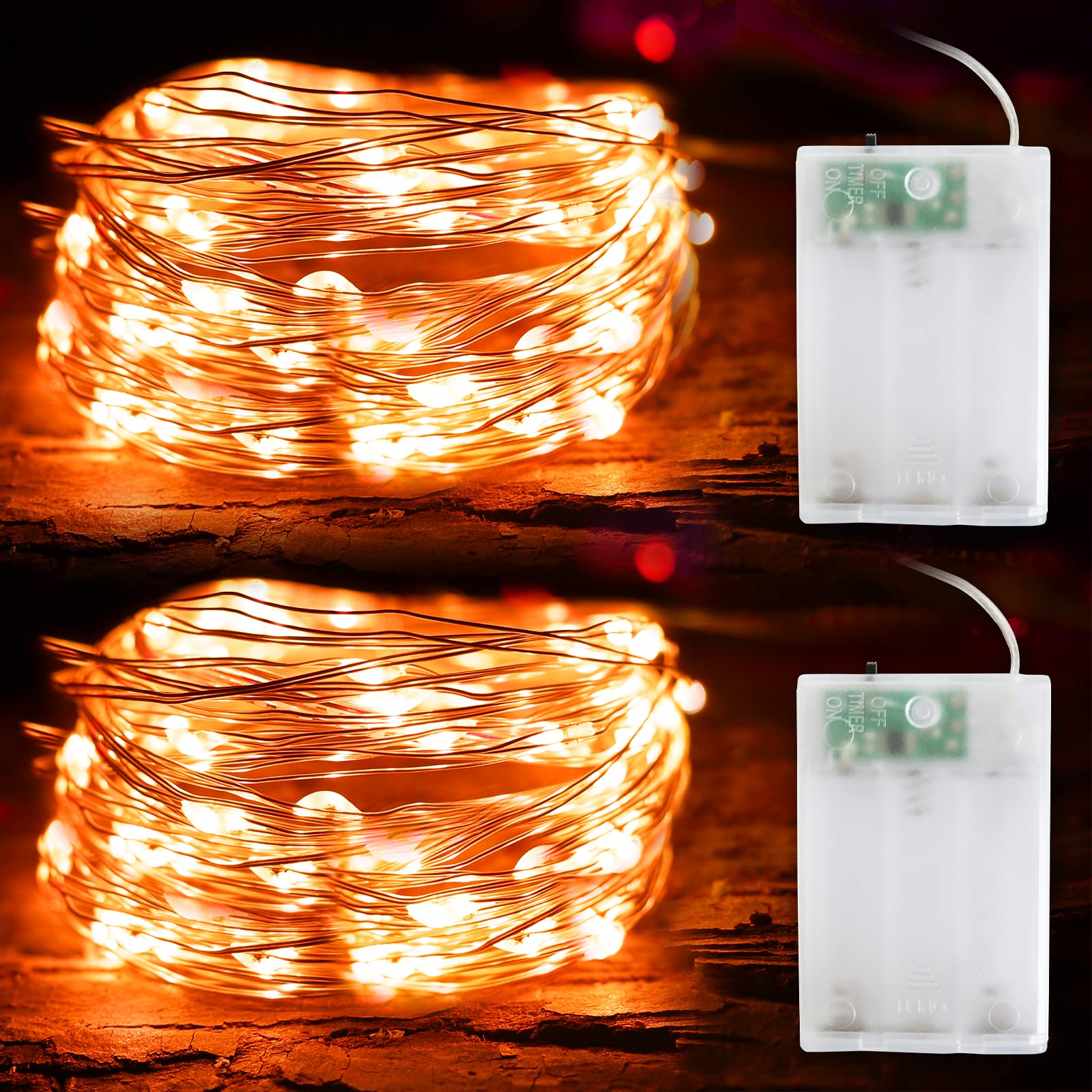 Malgero Orange Fall Fairy String Lights Battery Operated with Timer, 2Pack Total 100LED 32.8Ft Indoor Twinkle Lights Copper Wire Thanksgiving Decorfor Home,Party, Room