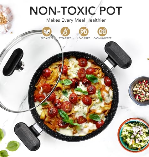 MICHELANGELO 4 Quart Cooking Pot with Lid, Nonstick Stock Pot, Granite Soup Pot with Lid, Induction Pot with Stay-cool Handle, 4 Qt Stockpot Non Stick Pot Black