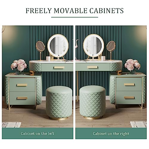 Makeup Vanity with Mirror and Lights, Luxury Dressing Table Wrapped in Microfibre Leather, Modern Vanity Set with Marble Countertop, Side Cabinet, 3 Solid Wood Drawers, Soft Chair - 31.5In Black
