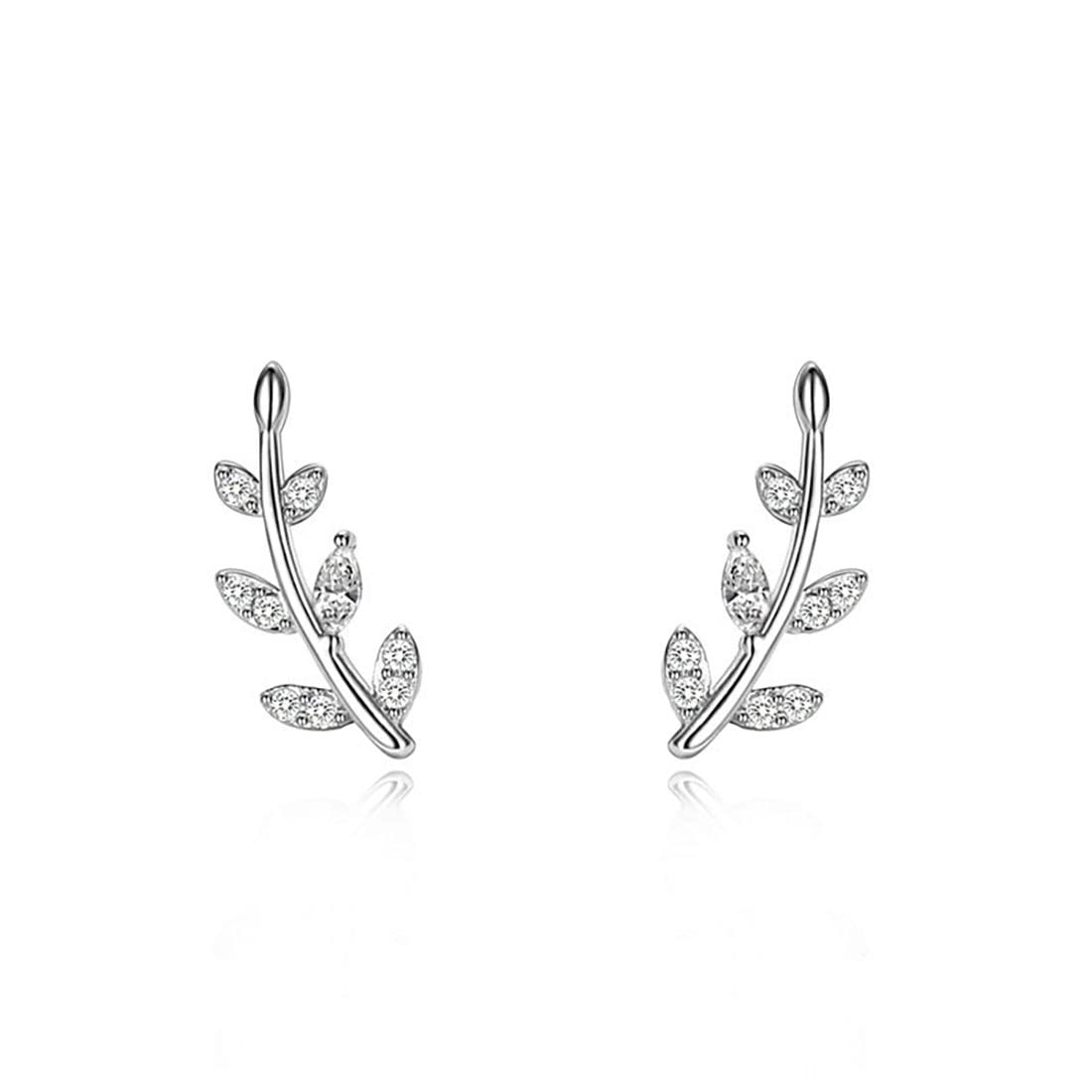 Reffeer Solid 925 Sterling Silver Leaf Crawler Stud Earrings for Women Teen Girls Crystal Leaf Stud Earrings (A-Silver)