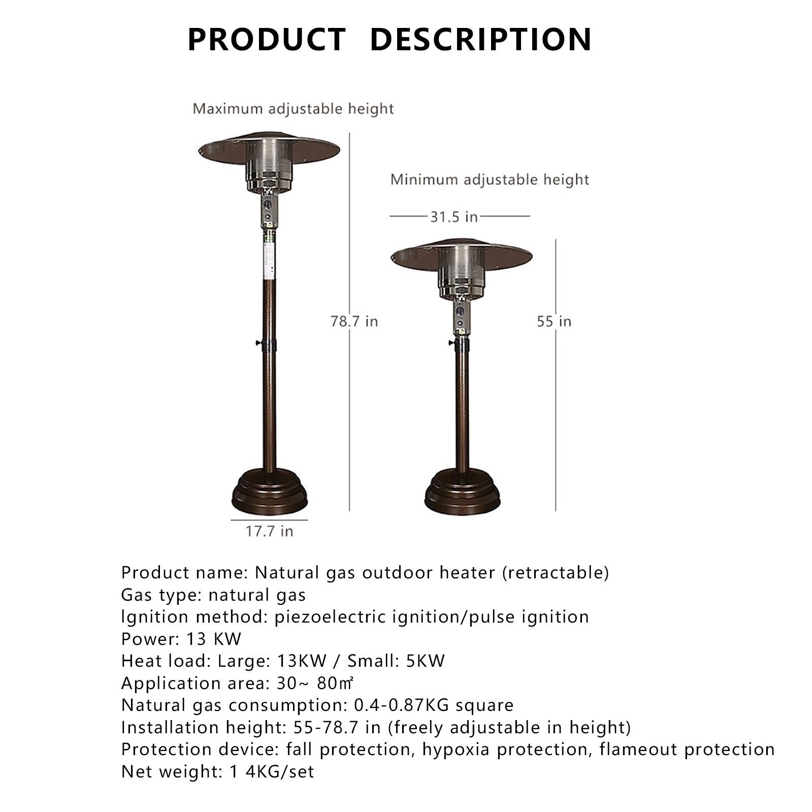 VQQ Natural Gas Patio Heater, Adjustable Height, Between (55-78in),Includes 12-Foot-Long Natural Gas Hose,Passed CE, CSA Certification, Quality is Guaranteed (Color : Brown)