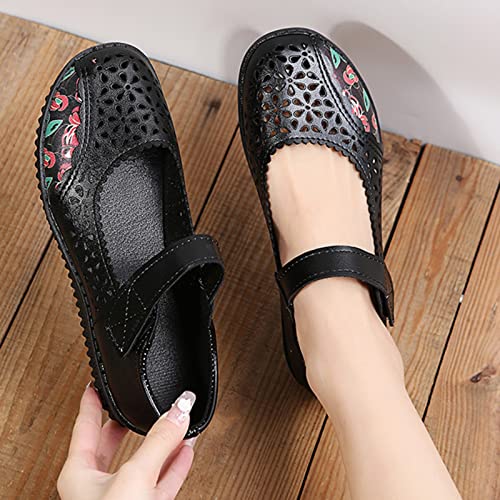 Women's Fashion Soft Beef Tendon Soft Bottom Flat Heel Hook Loop Single Shoes Round Toe Four Seasons Slip Wedge Sandal Black