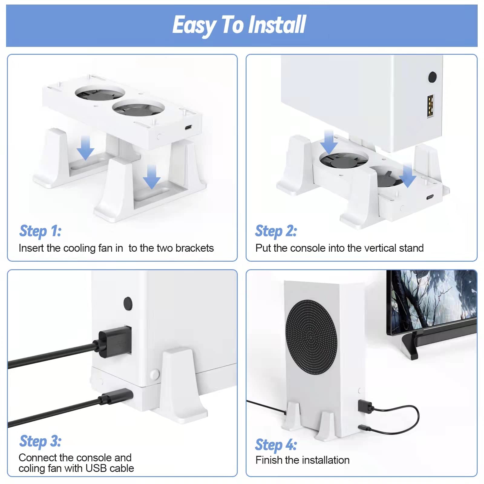 RTTACRTT Cooling Fan with Stand for Xbox Series S, Fan Cooling System, Cooling Stand Can Mount on Top or Bottom Cooler Station, 3 Fan Speeds Adjustable & 2 USB Ports