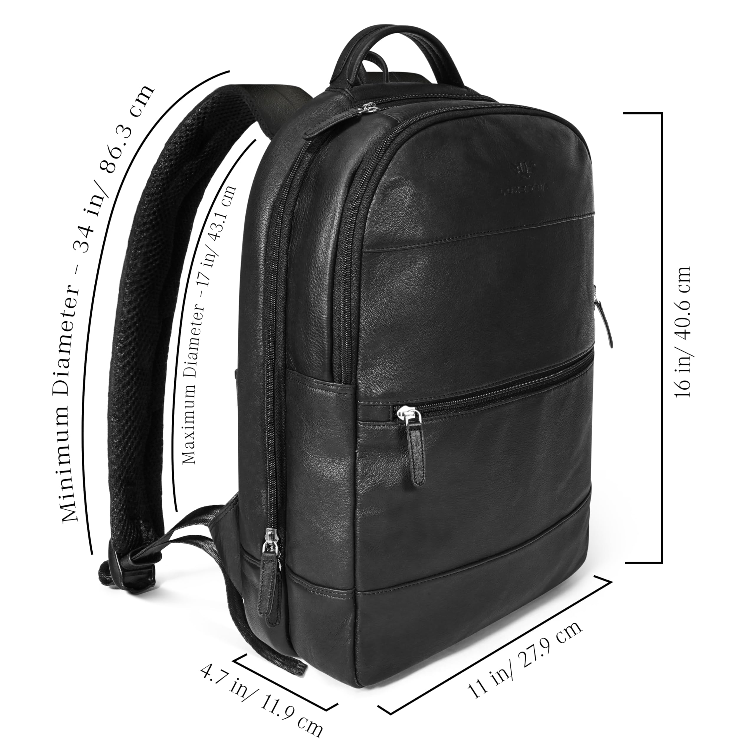 LUXEORIA Genuine Leather Backpack for Men and Women, Minimalistic Backpack, Handmade Retro Style 15.6" Laptop Bag, Daypack with Utility Pockets & Trolley Sleeve - Black