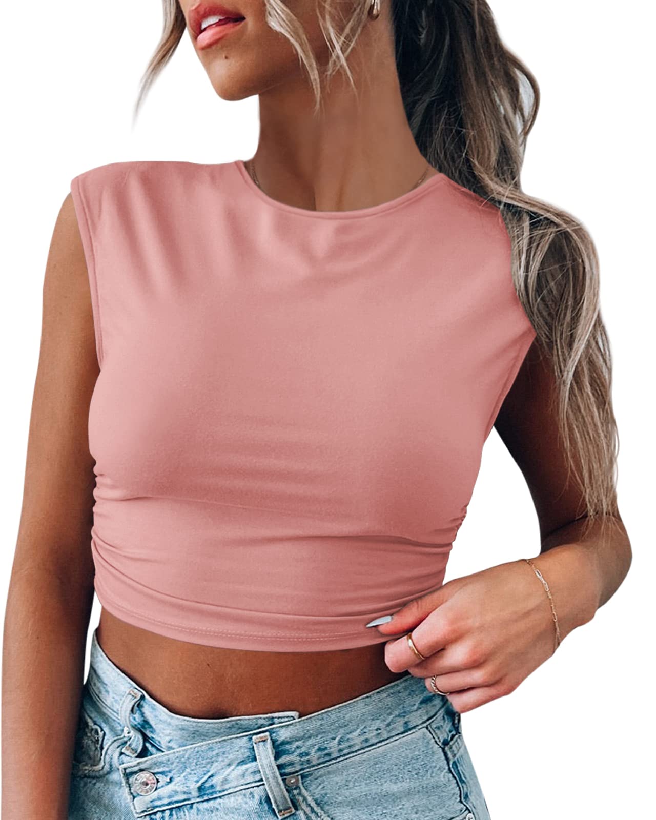 Women's High Neck Tank Tops Fitness Sleeveless Crop Shirt Yoga Workout Basic Summer Top Pink