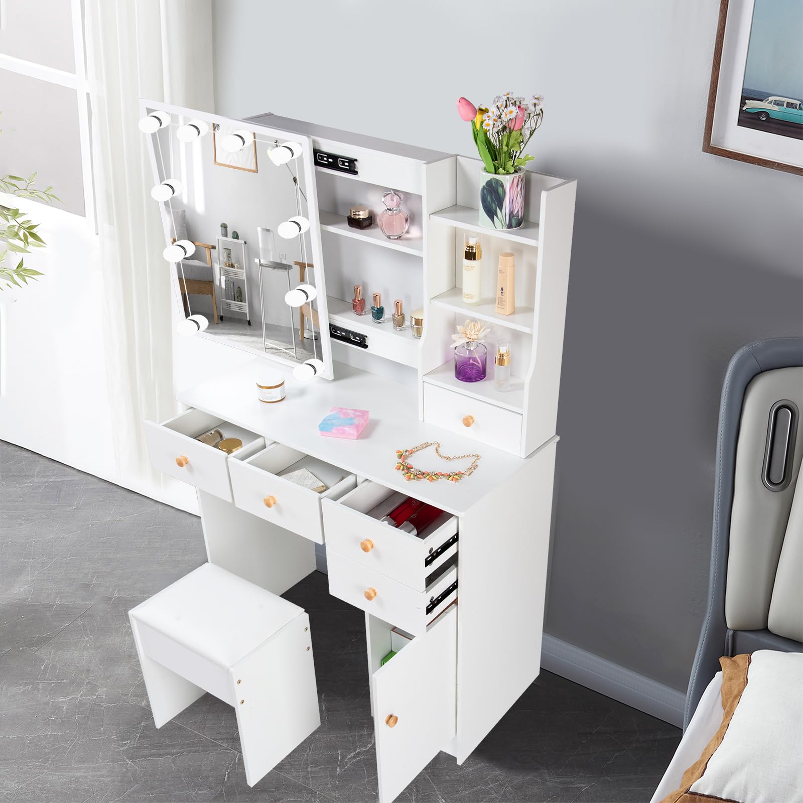 Logimiz Vanity Desk with Mirror and Lights-3 Colors and Brightness Adjustable, Girls Makeup Vanity with Hiding Shelves, White Vanity Set with Cabinets, Drawers and Cushioned Stool